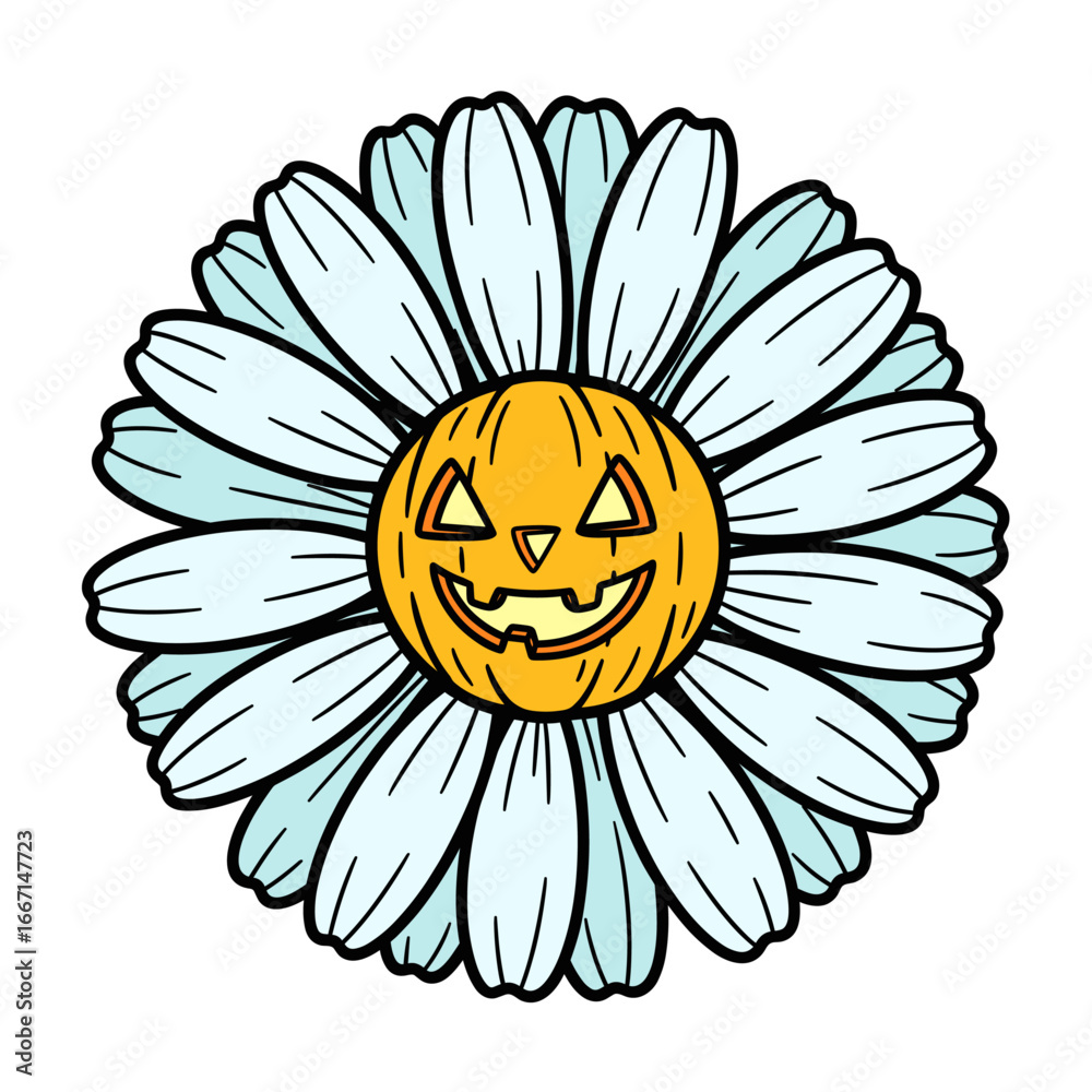 cute daisy flower with spooky Halloween pumpkin face in the middle ...