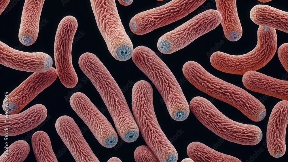 Clostridioides difficile scanning electron micrograph (SEM), rod-shaped ...