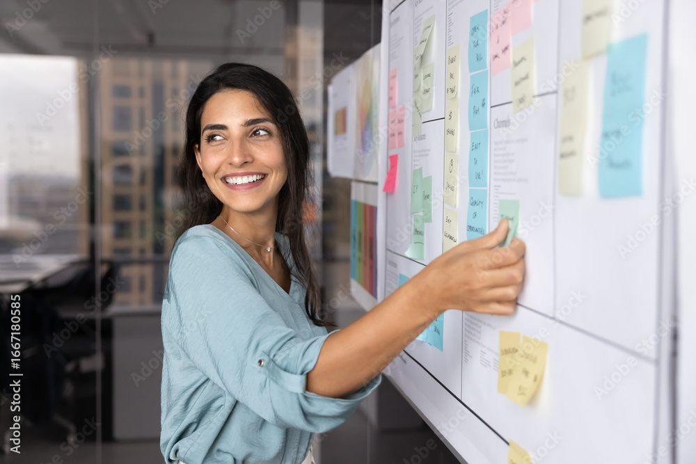 Smiling Latina professional woman placing sticky notes on large ...