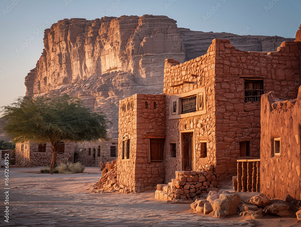 Historic mudbrick buildings in Al-Ula, golden sunlight, desert backdrop ...