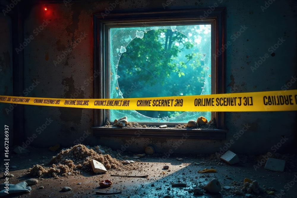 Foto de Stock Shattered Window Crime Scene Urgent Investigation of ...