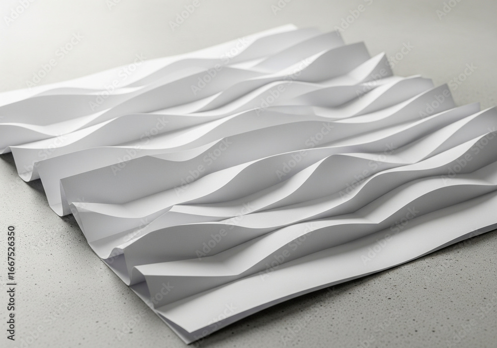 Folded paper sheets forming horizontal waves on a concrete surface, lit ...