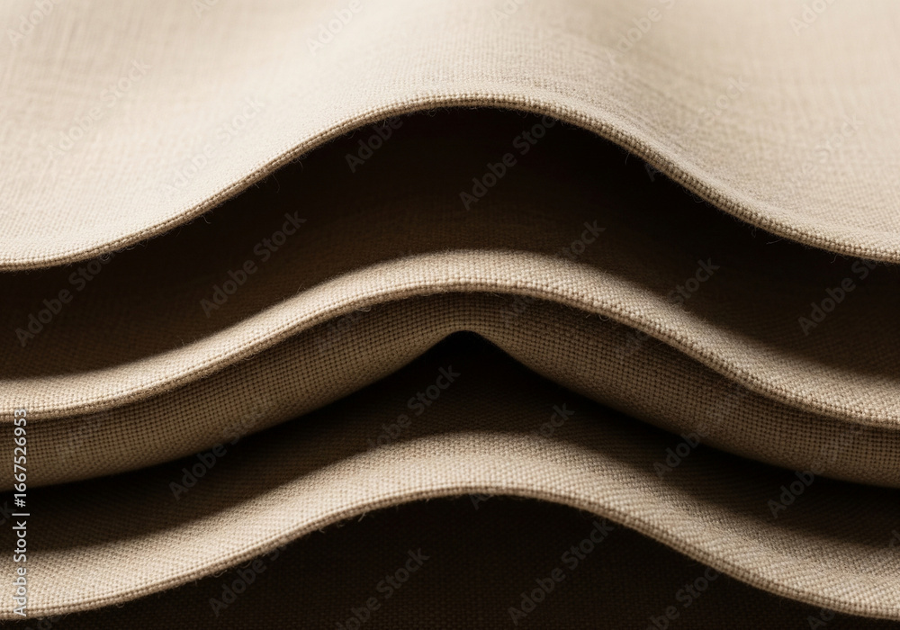 Three layers of linen fabric folded in sequence, softly illuminated to ...