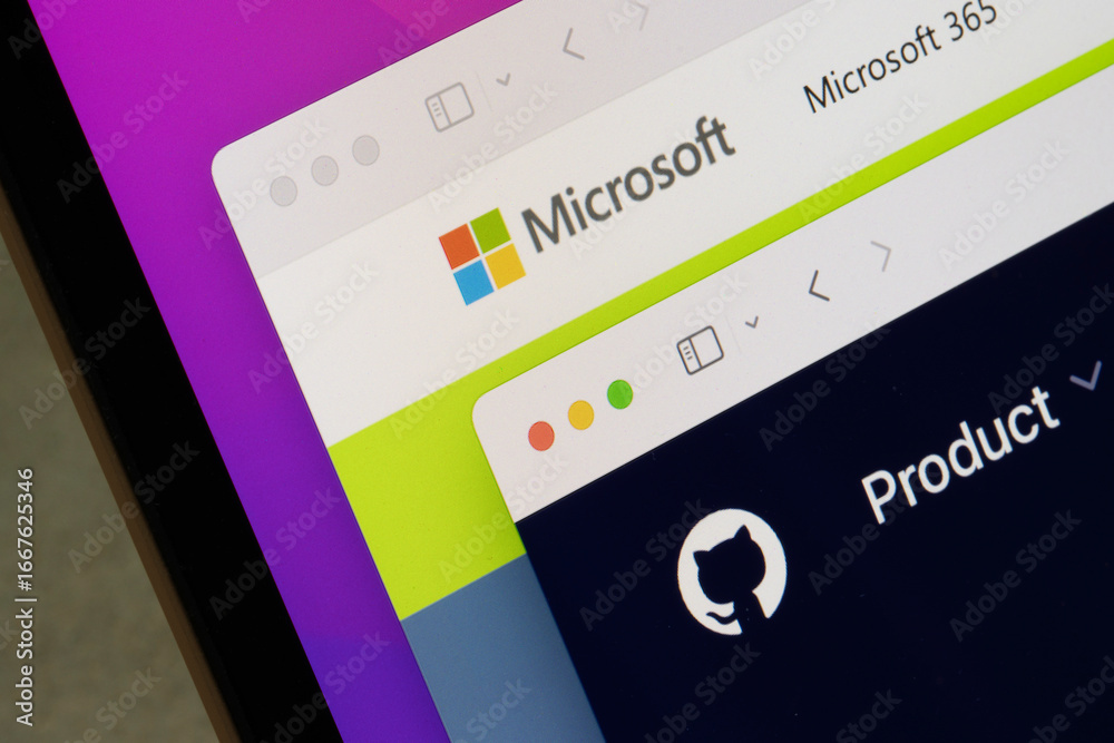 Portland, OR, USA - Aug 25, 2025: Homepages of Microsoft and GitHub are seen on the screen of a ...
