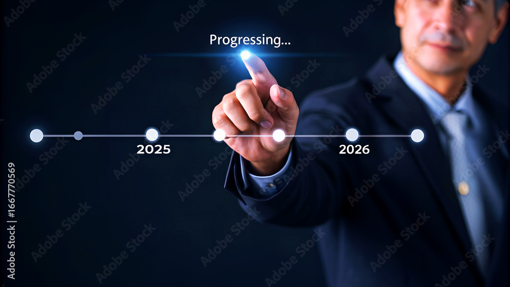 Focused businessman advances future goals by touching progress bar with ...