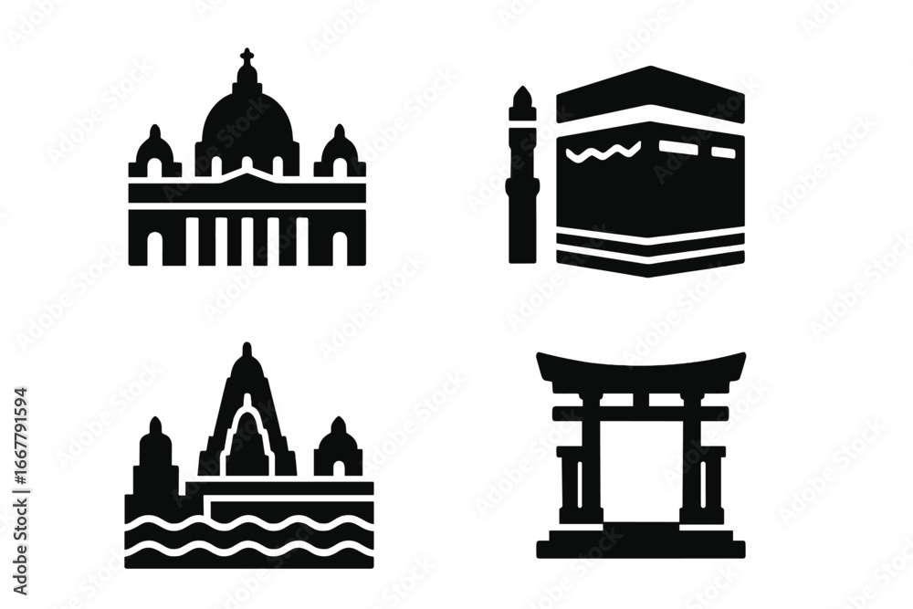 Vector de Stock Pilgrimage landmarks icon set of world religions. Solid ...