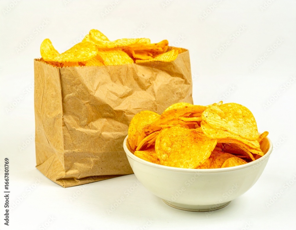 Crispy golden potato chips spill from a brown paper bag into a white ...