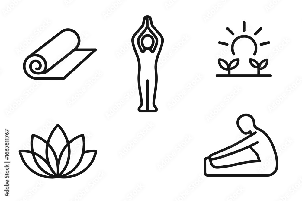 Yoga line icon set for spring wellness and meditation. Outline symbols ...