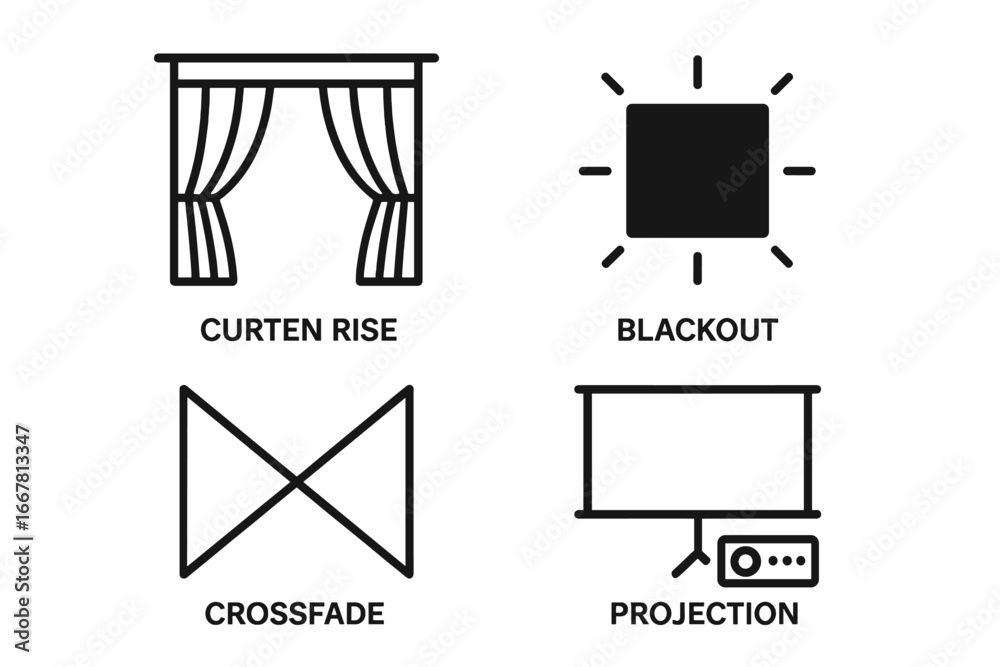 Stage transition icon set with curtain rise, blackout, crossfade, and ...