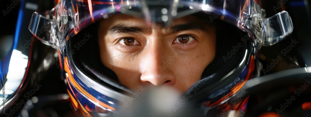 Foto de Stock Concentrated stare of male Formula one racer pilot in ...