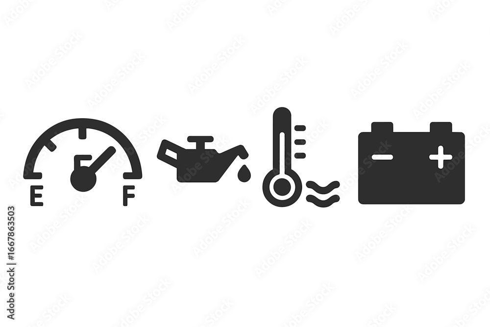 Car dashboard icons set. Vehicle indicator symbols. Fuel gauge, oil ...