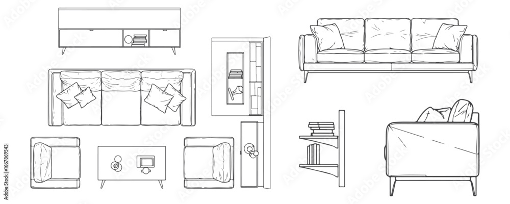 CAD-style line drawing of living room furniture including sofas ...