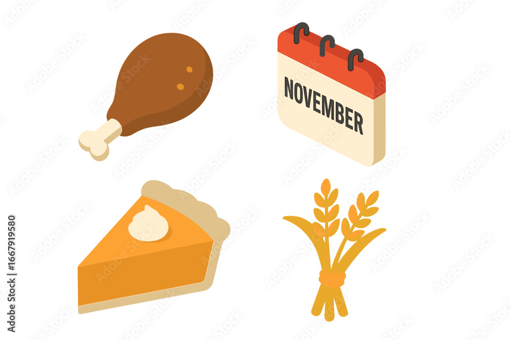 Thanksgiving dinner isometric icon set. November holiday symbols with ...