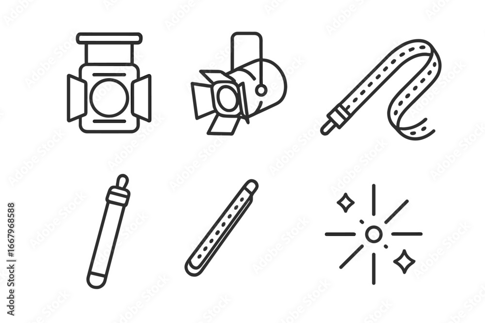 Lighting icon set. Outline line icons of lighting effects. Spotlight ...