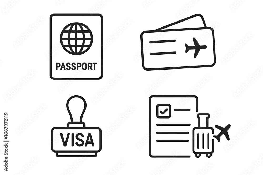 Vector de Stock Travel icon set with passport, visa stamp, boarding ...