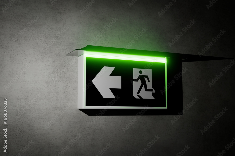 Exit way arrow direction guidance sign green color light emergency exit ...