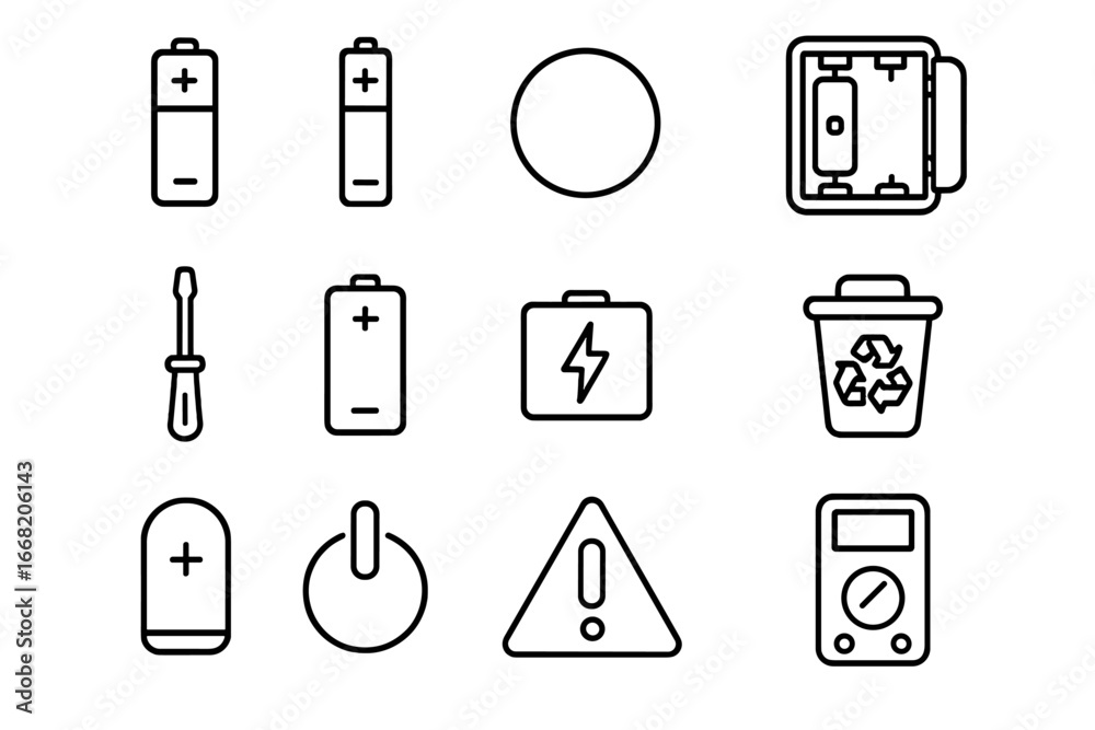 Battery Icons Grid. Outline icon set of replacing batteries: AA battery ...