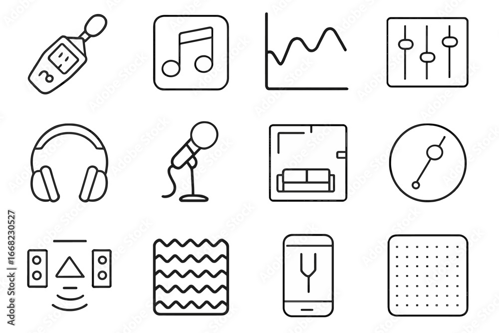 Audio Calibration Icons. Outline icon set of audio calibration tools ...