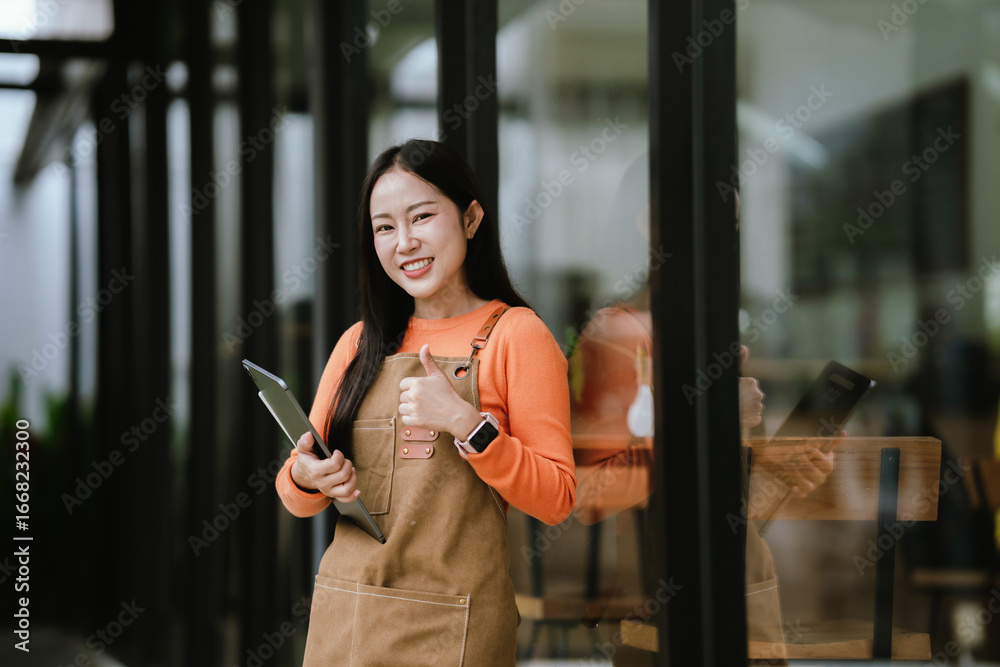 Smiling female barista in apron standing at café entrance, giving ...