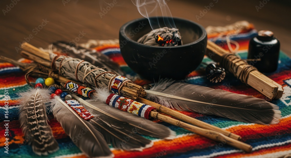 Native American Smudging Ritual with Burning Bowl, Smoke, and Feathers ...