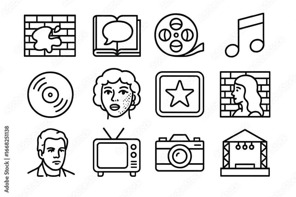 Pop Culture Icon Grid. Outline icon set of art in pop culture: graffiti ...