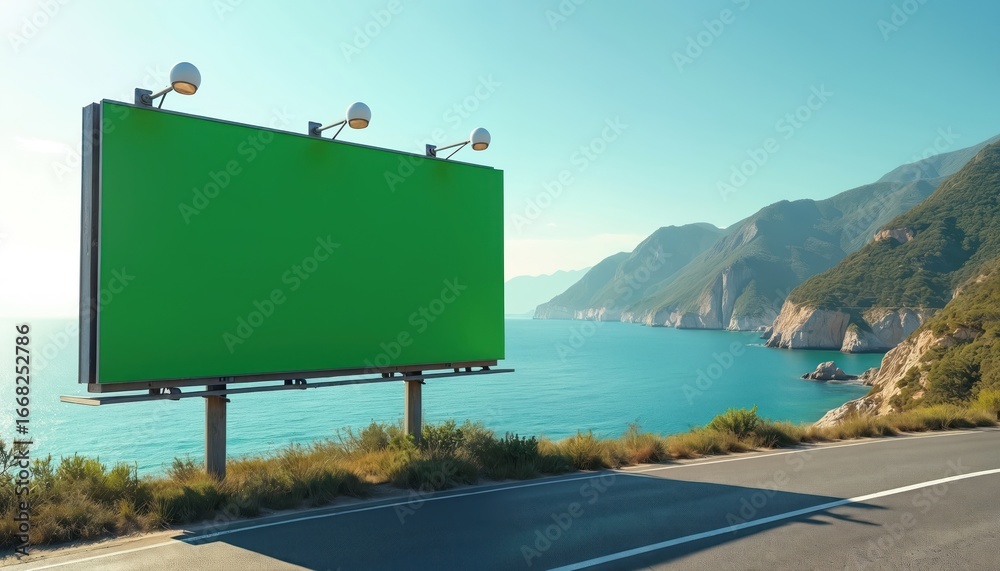 Ilustrace Blank green billboard on coastal road. Ocean and green ...