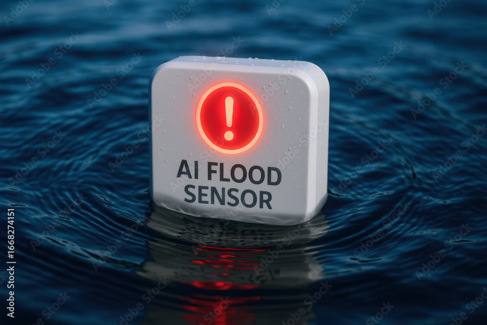AI flood sensor with red alert light floating on water surface for ...