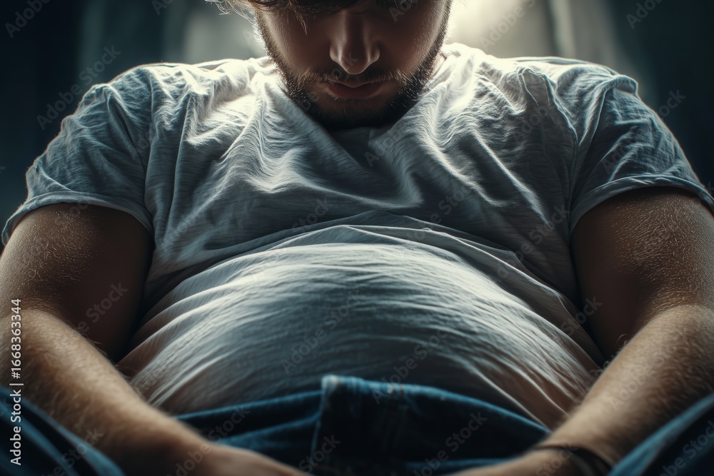 Fat man with big belly , young person. illuminated by soft lighting ...