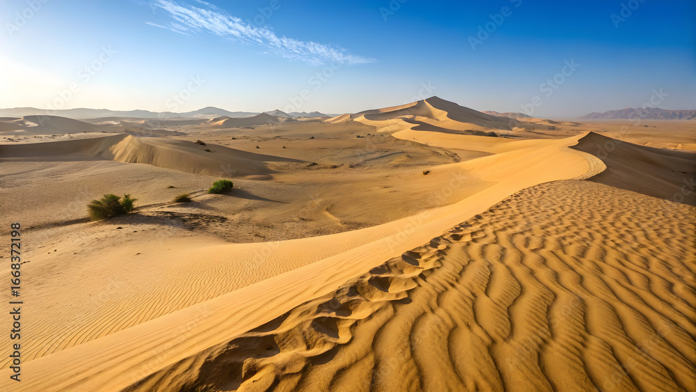 Golden desert sand dunes with rippled textures under a clear blue sky ...