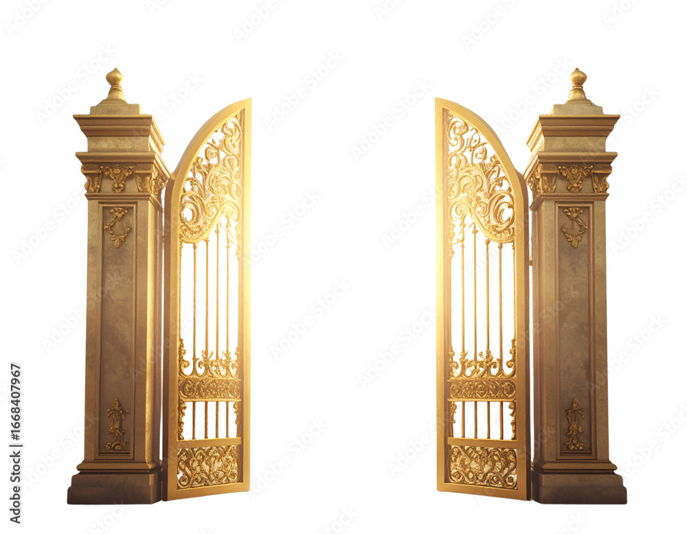 Golden Heaven Gates with Radiant Clouds and Sunlight Beams, Front View ...