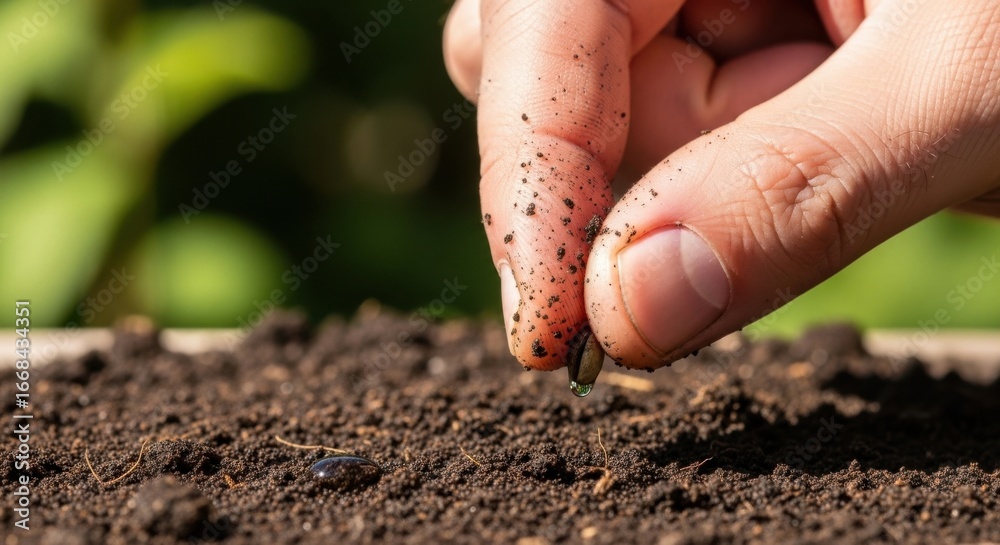 Man hand planting a single seed in rich soil. Concept of growth, new ...