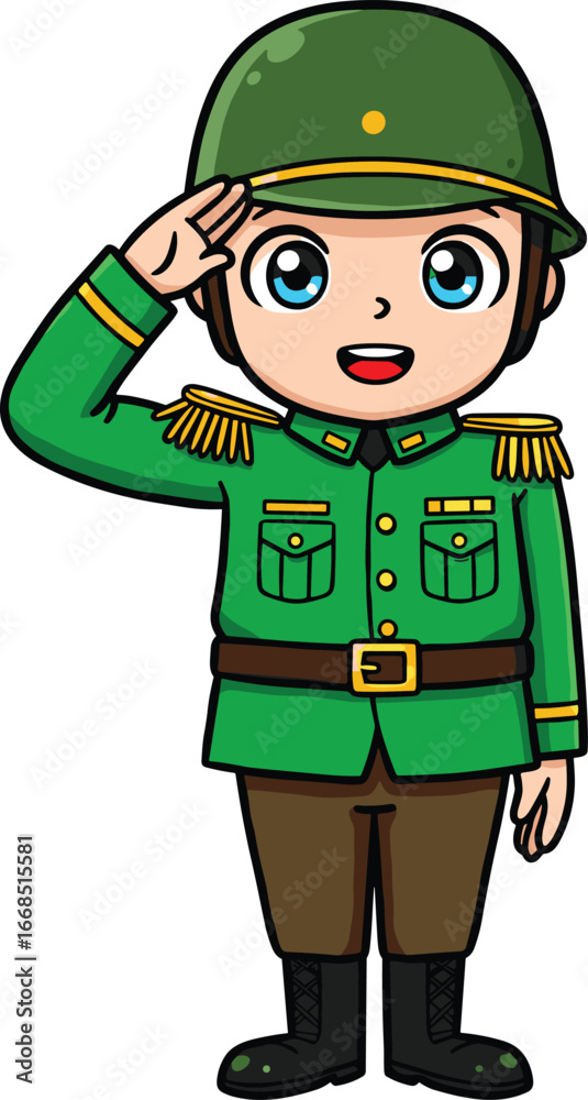 Cartoon boy soldier saluting in green army uniform, military costume ...