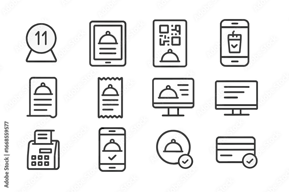 Food Order Icons. Line style icons of food order system: table number ...