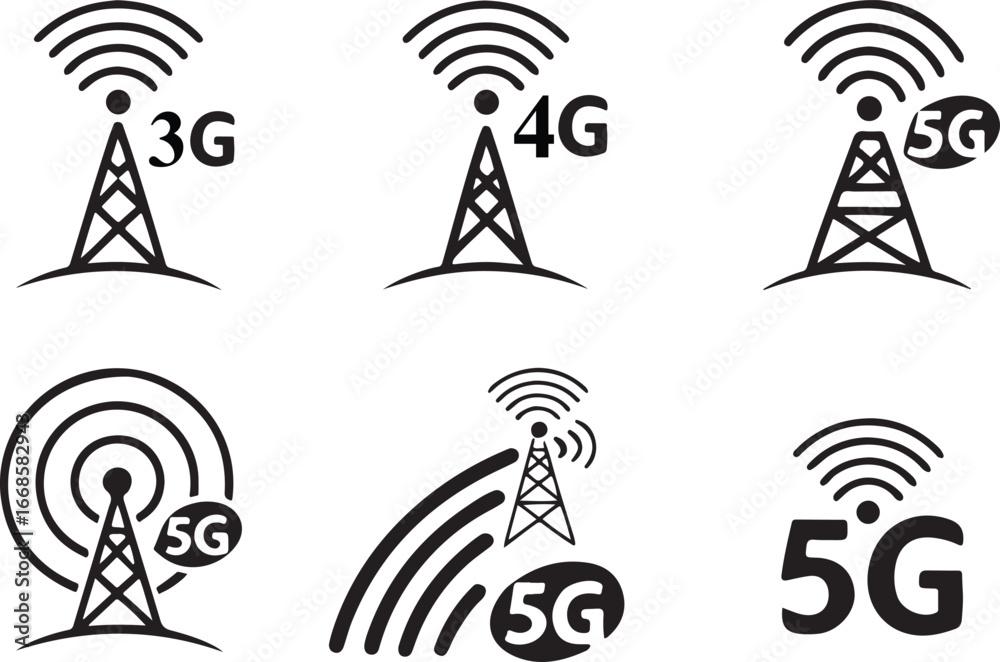 3G, 4G, 5G internet network tower flat vector line art outline icons ...