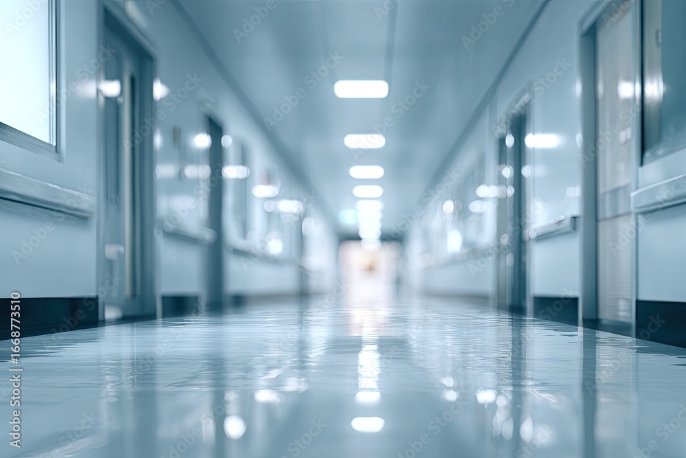 Sterile, long hospital corridor with gleaming floor, doors, and ...