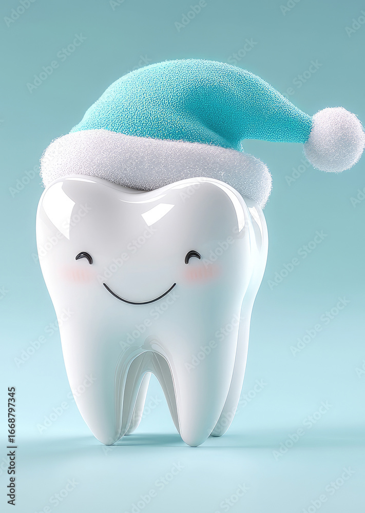 Anthropomorphic tooth wearing a Santa Claus hat celebrating New Year ...