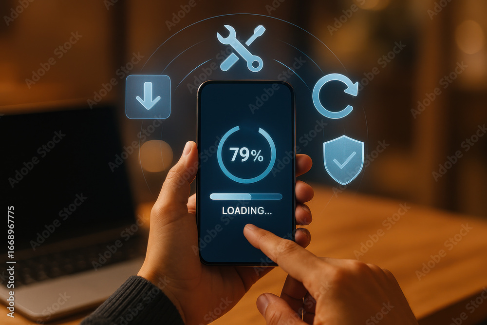 Smartphone loading screen showing 79 percent progress with hand ...
