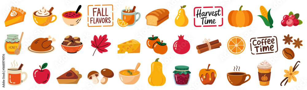 Fall food and drink vector clip art including pumpkin pie, coffee ...