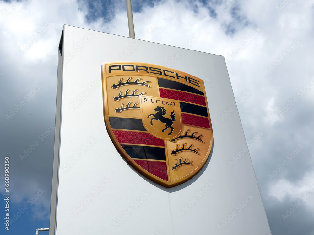 Udine, Italy - August 26, 2025: Porsche logo displayed prominently on a ...