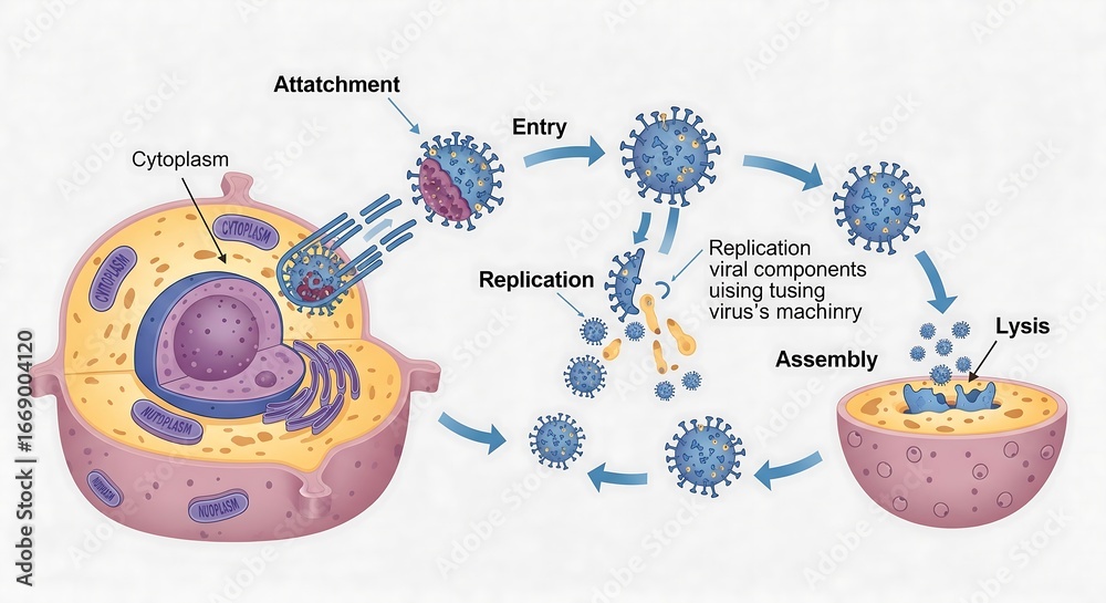 A detailed scientific diagram illustrating the complete viral life ...