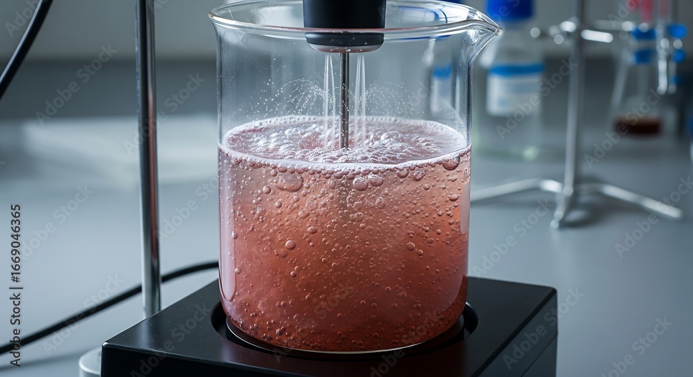 Scientific experiment in a modern chemistry laboratory with a sonicator ...
