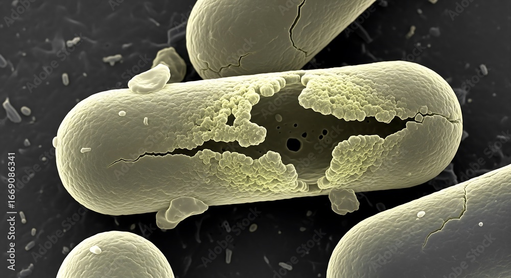 High-magnification scanning electron micrograph showing a ruptured ...