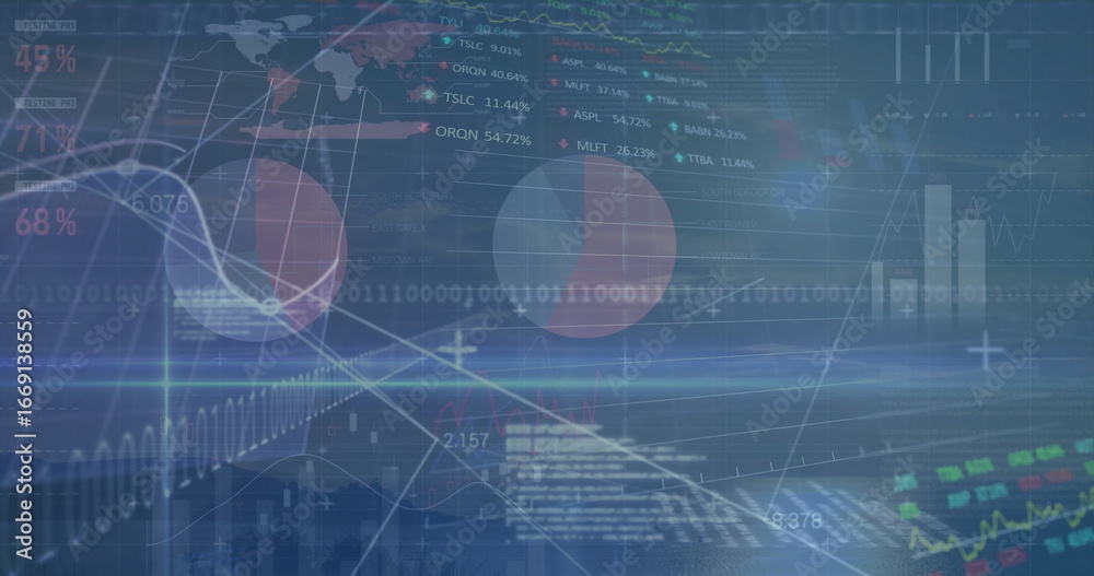 Showing dashboard overlay on screen featuring world map, charts, binary code and percentage ...