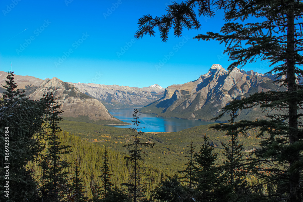 Overview of Lake Minnewanka through trees on Upper Bankhead trail in ...