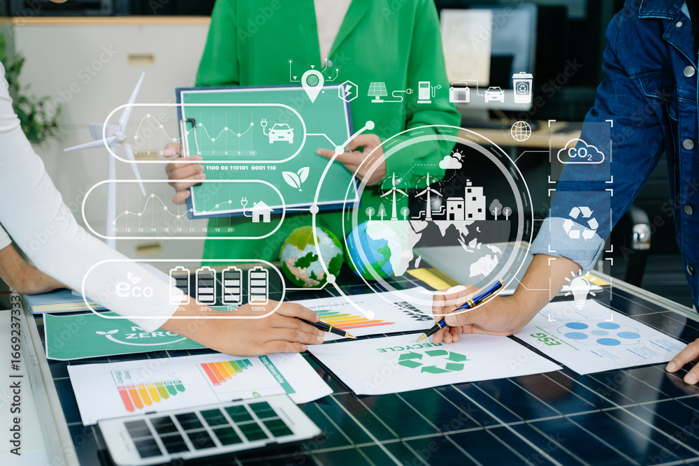 Business team working virtual modern smartphone to reduce CO2 emissions ...