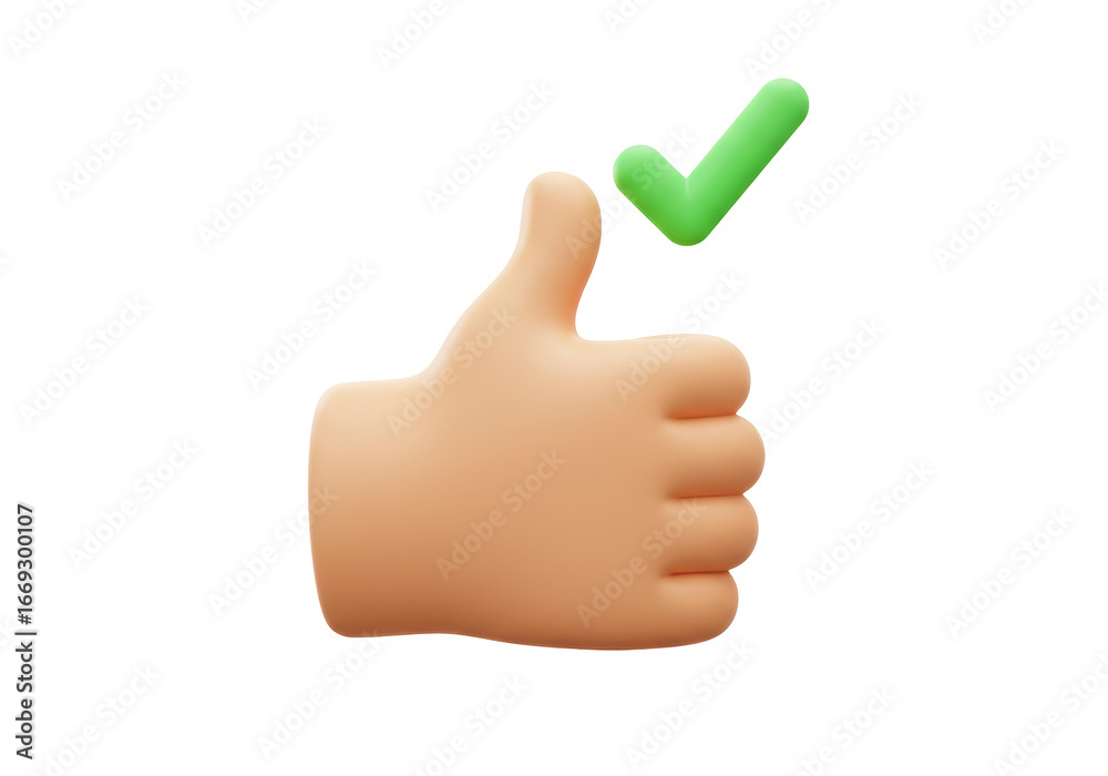 Isolated 3D thumbs up emoji with green check mark for approval with ...