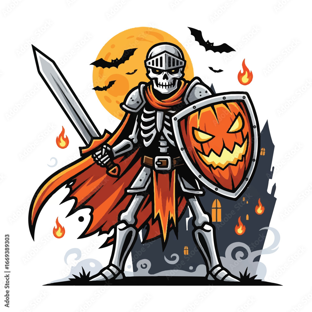 Cartoon skeleton knight wearing armor and cape, holding a sword and a ...