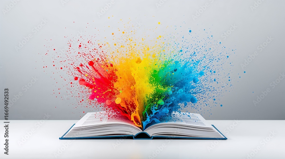 Vibrant explosion of color bursting from open book, symbolizing ...