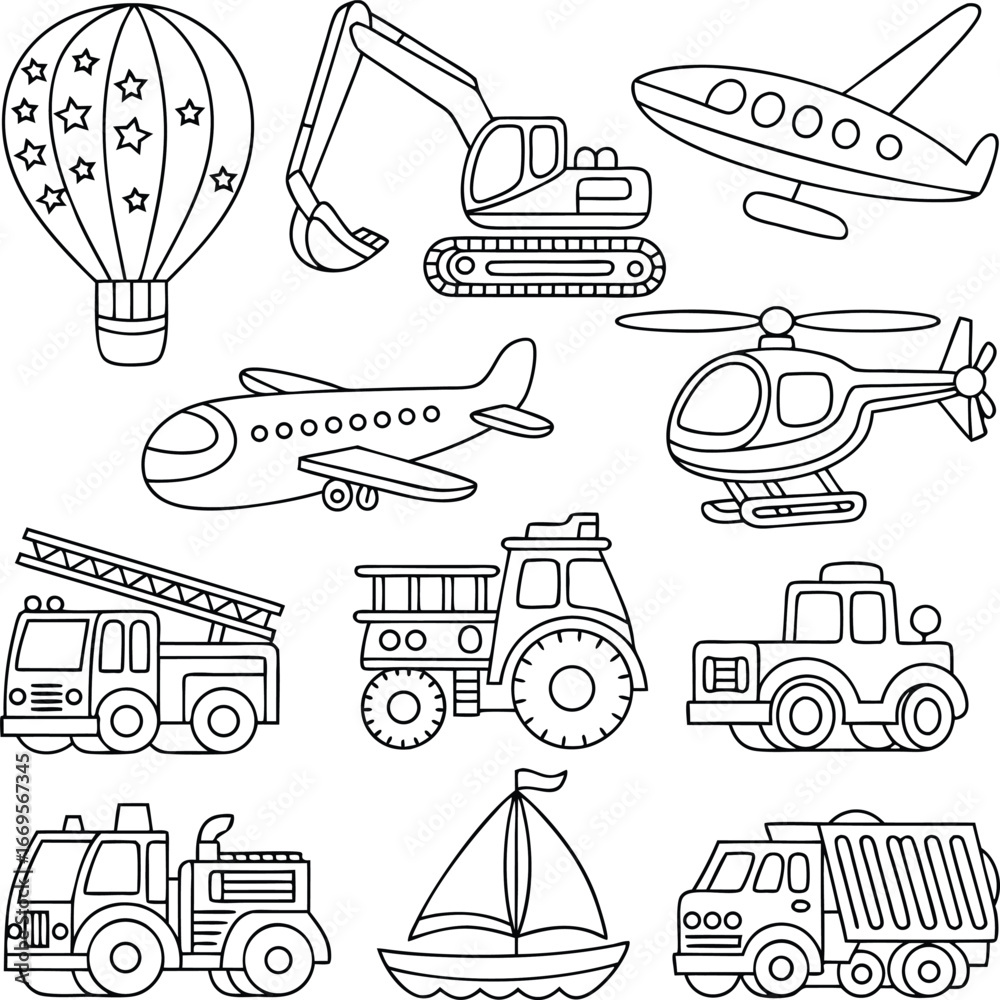 Coloring Page of Various Transportation Vehicles Airplane, Helicopter ...