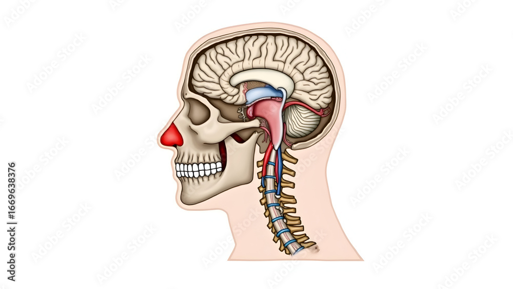 Anatomy&physiology A cross-section of the head showing brain, nasal ...